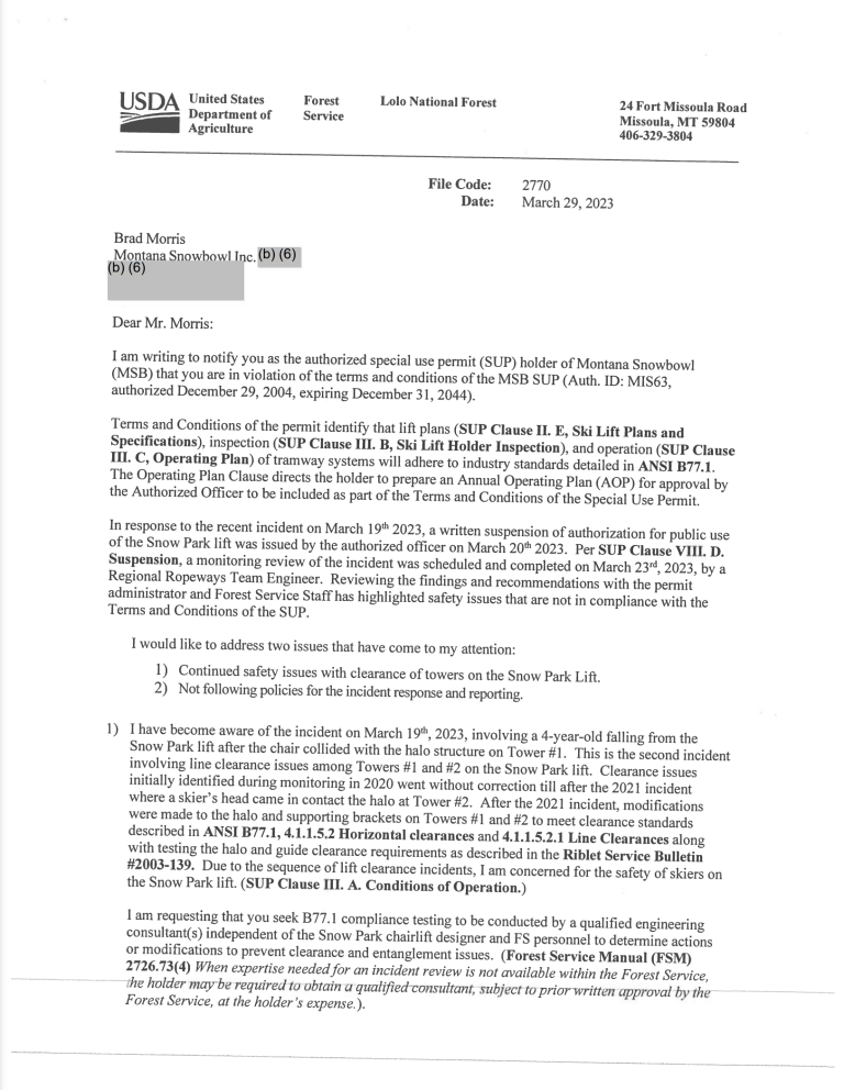 Forest Service Letter Details Montana Snowbowl Incident – Lift Blog
